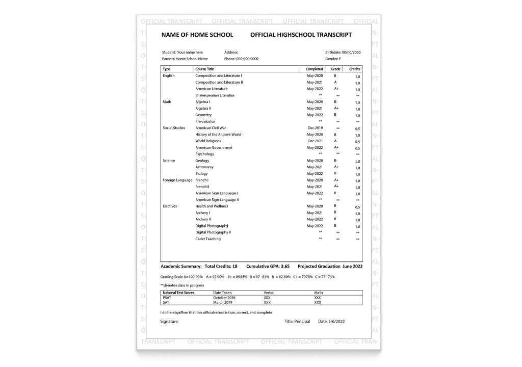 Novelty Fake High School Transcripts