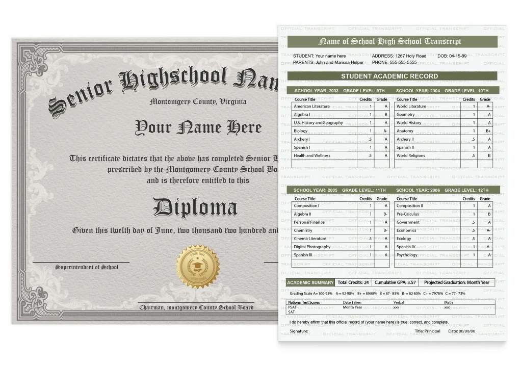 High School Diploma & Transcript Replicas | Custom Documents & Sets
